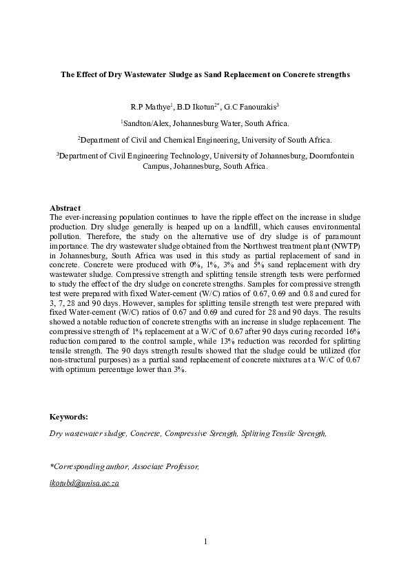 (PDF) The effect of dry wastewater sludge as sand replacement on concrete strengths