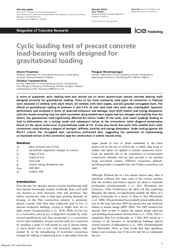 (PDF) Cyclic loading test of precast concrete load-bearing walls ...