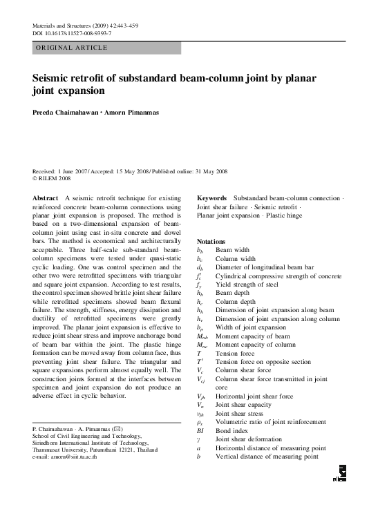 (PDF) Seismic retrofit of substandard beam-column joint by planar joint ...