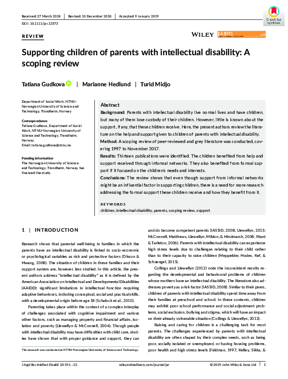 (PDF) Supporting children of parents with intellectual disability: A scoping review