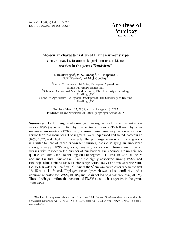 (PDF) Molecular characterization of Iranian wheat stripe virus shows ...