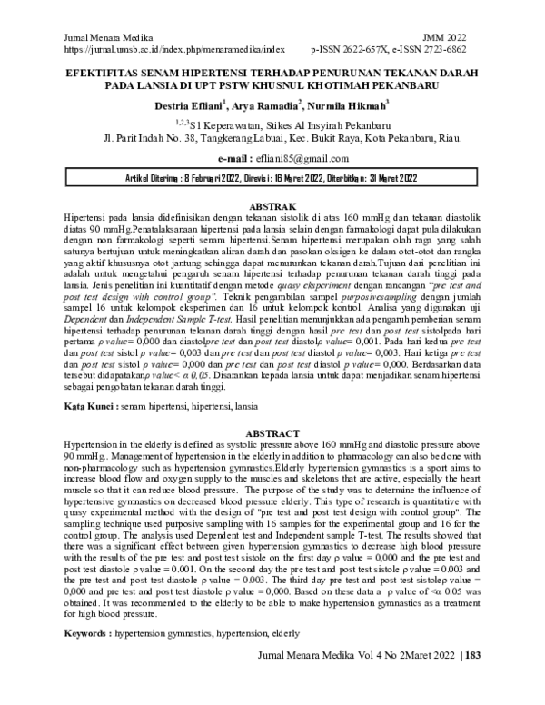 (PDF) Efektifitas Senam Hipertensi Terhadap Penurunan Tekanan Darah Pada Lansia DI Upt PSTW ...