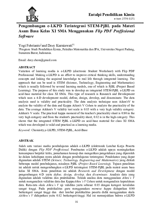 (PDF) Pengembangan e-LKPD Terintegrasi STEM-PjBL pada Materi Asam Basa Kelas XI SMA Menggunakan ...