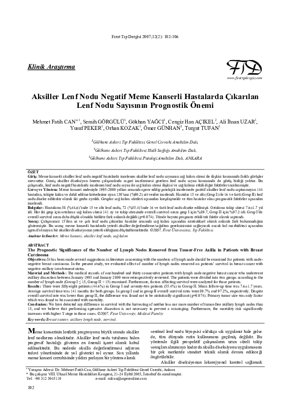(PDF) Aksiller Lenf Nodu Negatif Meme Kanserli Hastalarda Çıkarılan ...