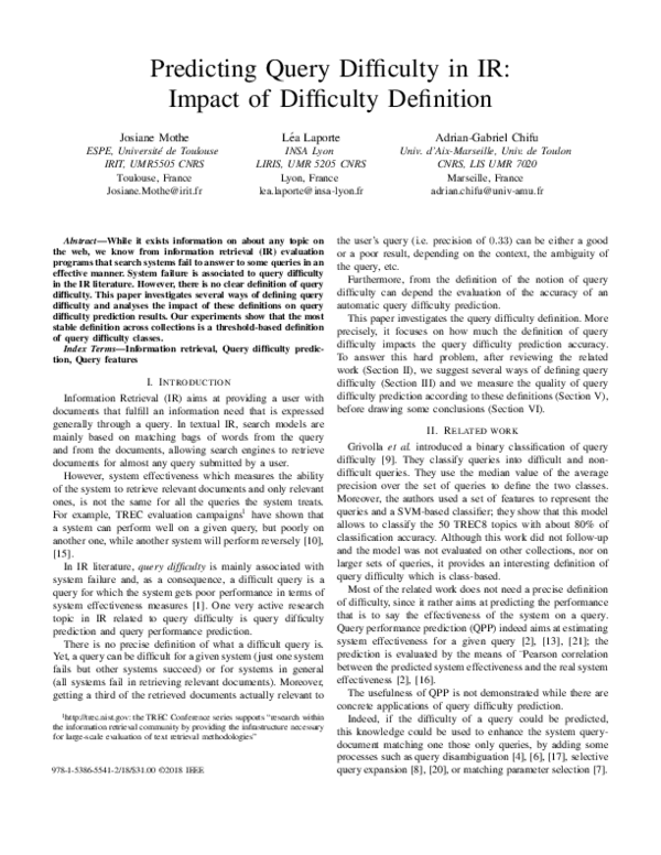 (PDF) Predicting Query Difficulty in IR: Impact of Difficulty Definition