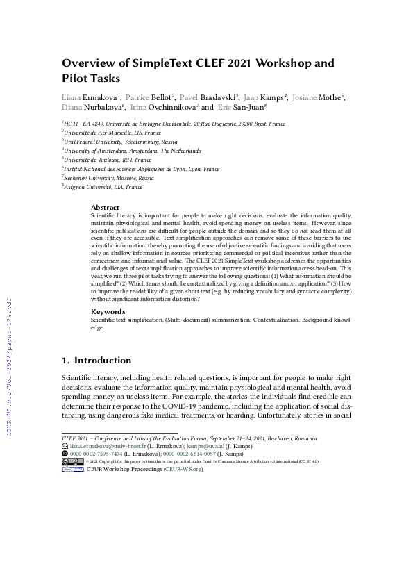 (PDF) Overview of SimpleText CLEF 2021 Workshop and Pilot Tasks