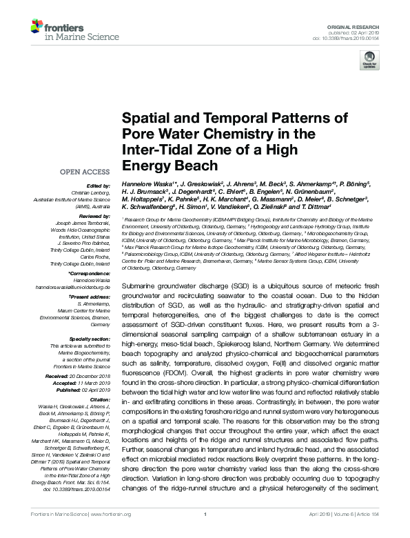 (PDF) Spatial and Temporal Patterns of Pore Water Chemistry in the Inter-Tidal Zone of a High ...