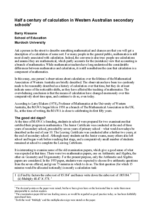 (PDF) Half a century of calculation in Western Australian secondary schools