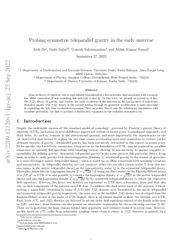 Pdf Probing Symmetric Teleparallel Gravity In The Early Universe Dalia Saha