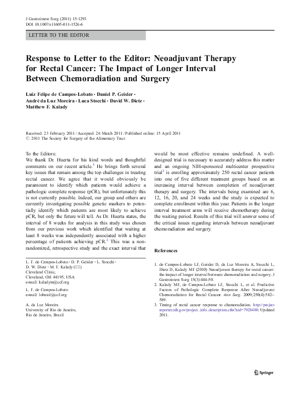 (PDF) Response to Letter to the Editor: Neoadjuvant Therapy for Rectal ...