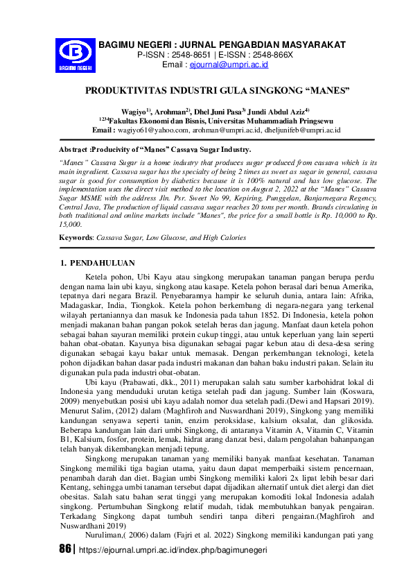 (PDF) Produktivitas Industri Gula Singkong “Manes”