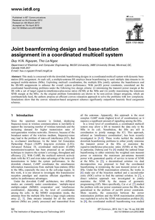 (PDF) Joint beamforming design and base-station assignment in a coordinated multicell system