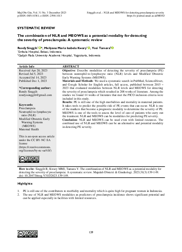 (PDF) The combination of NLR and MEOWS as a potential modality for ...