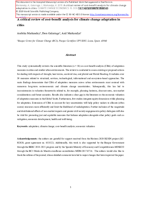 (PDF) A Critical Review of Cost-Benefit Analysis for Climate Change Adaptation in Cities