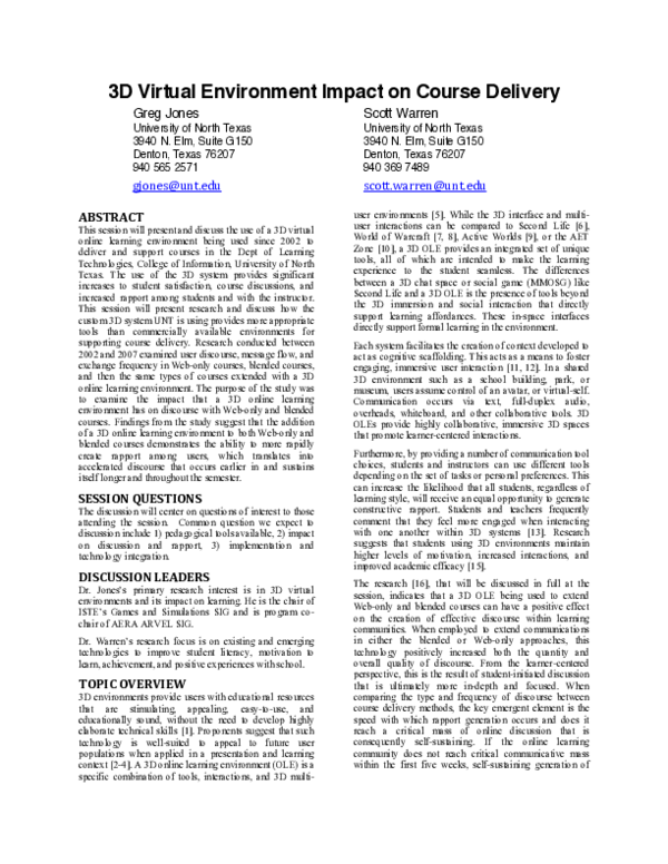 (PDF) 3D Virtual Environment Impact on Course Delivery | Scott Warren ...