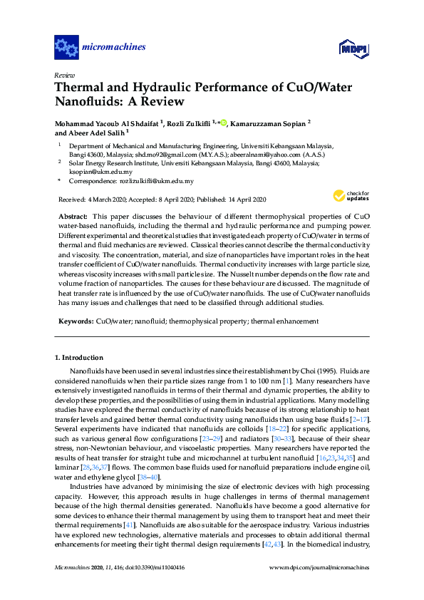(PDF) Thermal and Hydraulic Performance of CuO/Water Nanofluids: A Review