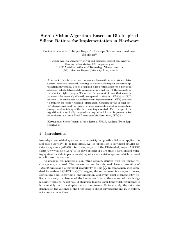 Pdf Stereo Vision Algorithm Based On Bio Inspired Silicon Retinas For Implementation In Hardware