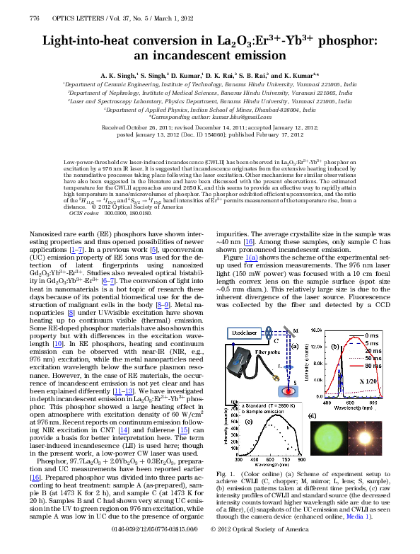 (PDF) Light-into-heat conversion in La_2O_3:Er^3+-Yb^3+ phosphor: an ...