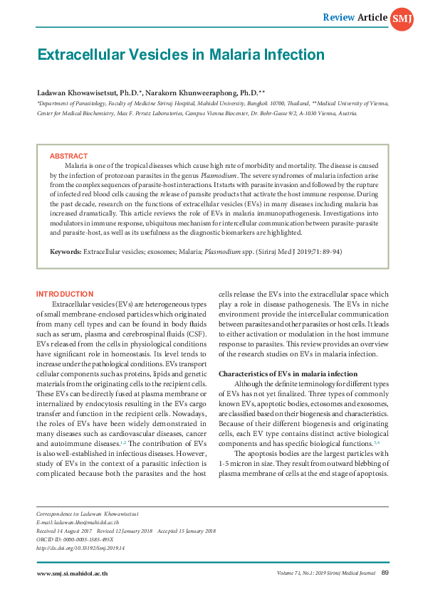 (PDF) Extracellular Vesicles in Malaria Infection | Narakorn ...