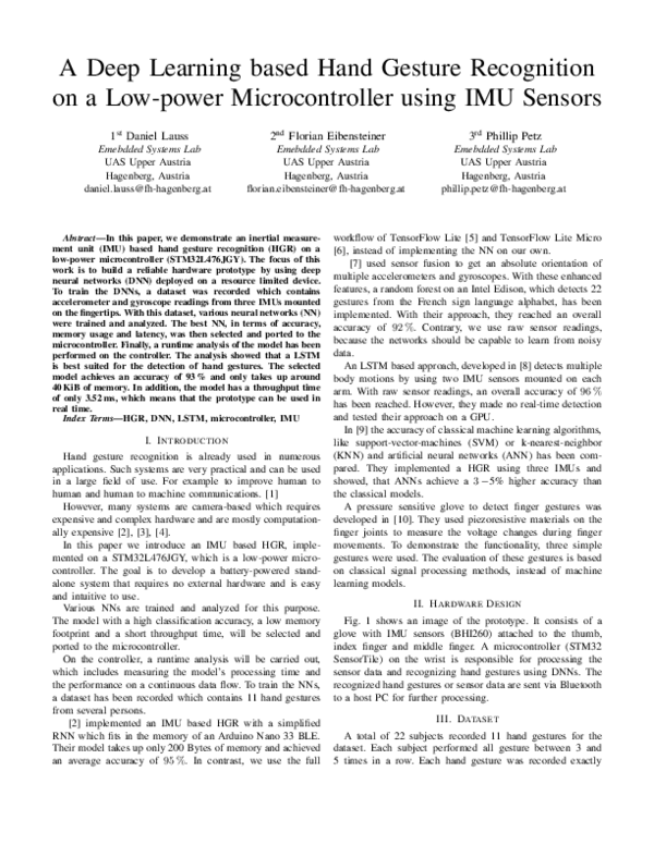 Pdf A Deep Learning Based Hand Gesture Recognition On A Low Power Microcontroller Using Imu