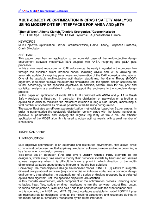 (PDF) Multi-Objective Optimization in Crash Safety Analysis Using Modefrontier Interfaces for ...