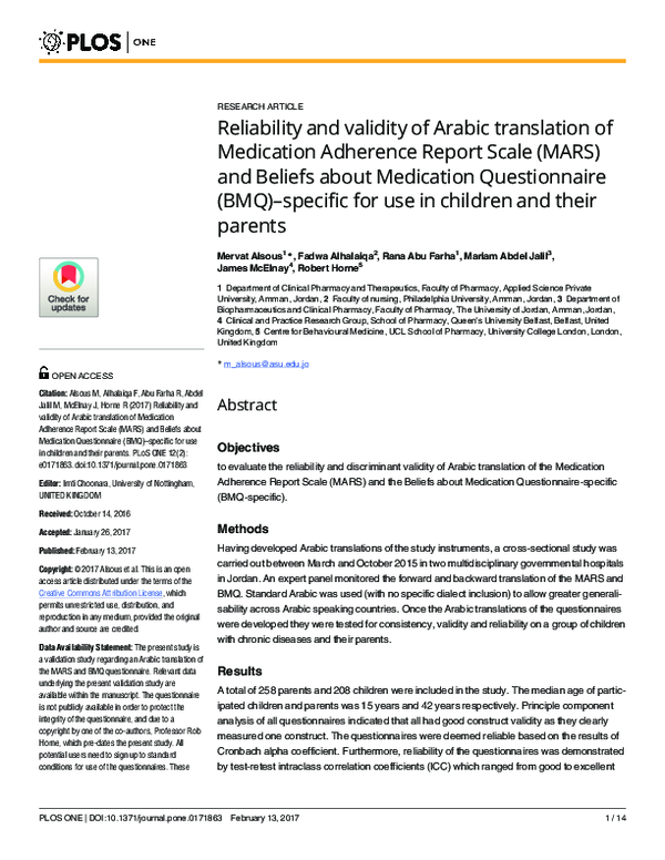 (PDF) Reliability and validity of Arabic translation of Medication ...