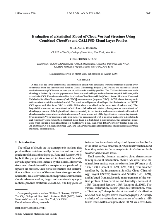 Pdf Evaluation Of A Statistical Model Of Cloud Vertical Structure Using Combined Cloudsat And