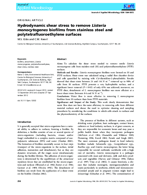 (PDF) Hydrodynamic shear stress to removeListeria monocytogenesbiofilms ...