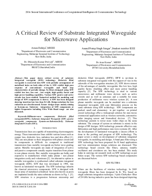(PDF) A Critical Review of Substrate Integrated Waveguide for Microwave Applications