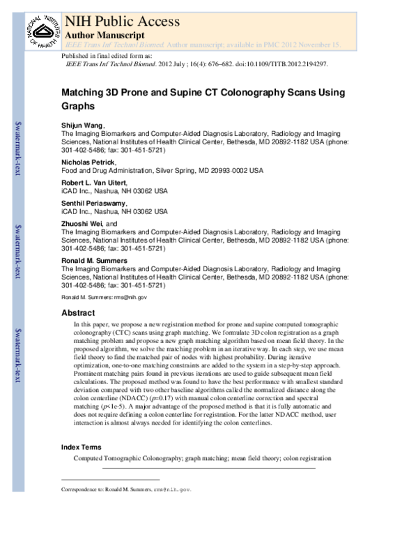 Pdf Matching 3 D Prone And Supine Ct Colonography Scans Using Graphs Robert Van Uitert