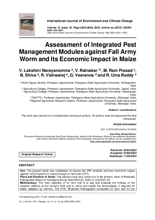 (PDF) Assessment of Integrated Pest Management Modules against Fall Army Worm and Its Economic ...