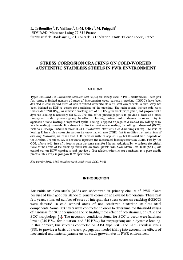 (PDF) Stress Corrosion Cracking on Cold-Worked Austenitic Stainless Steels in PWR Environment