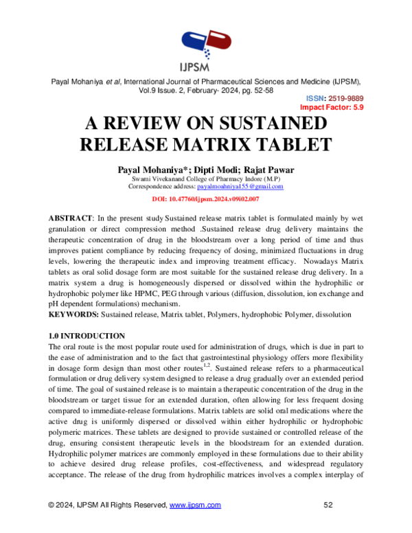 Pdf A Review On Sustained Release Matrix Tablet
