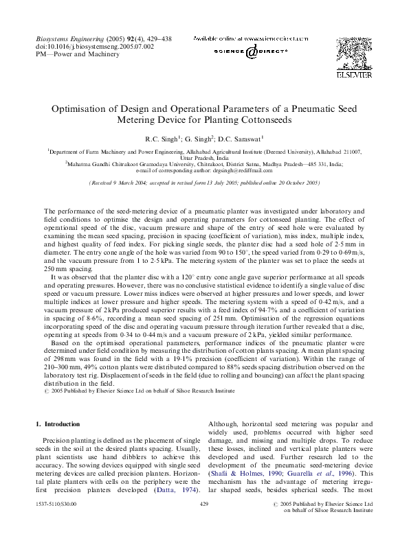 (PDF) Optimisation of Design and Operational Parameters of a Pneumatic Seed Metering Device for ...
