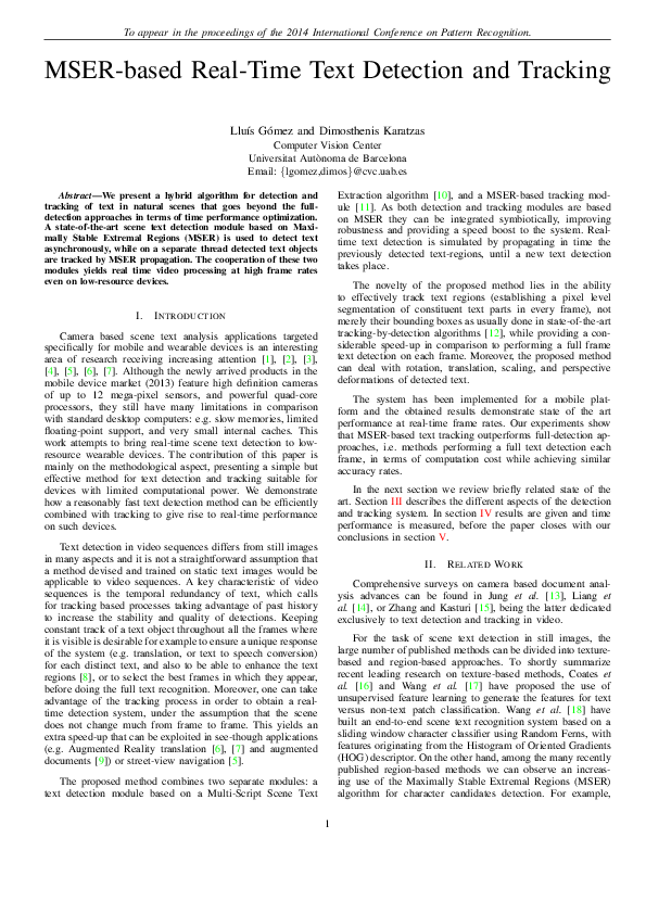 (PDF) MSER-Based Real-Time Text Detection and Tracking