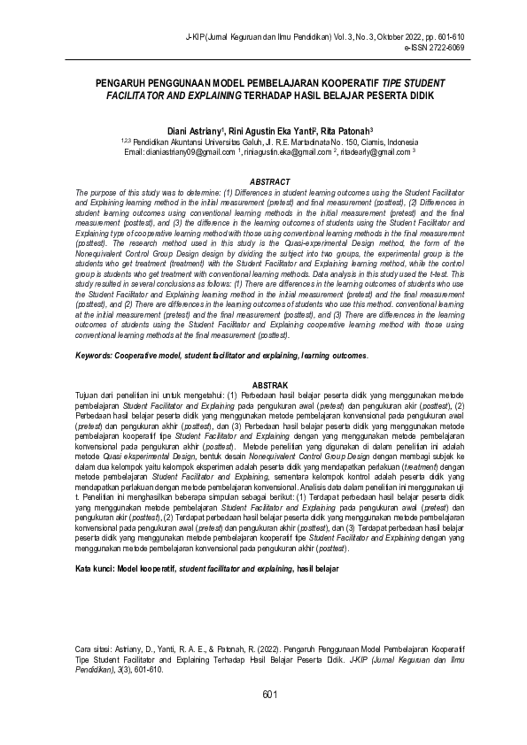 (PDF) Pengaruh Penggunaan Model Pembelajaran Kooperatif Tipe Student Facilitator and Explaining ...