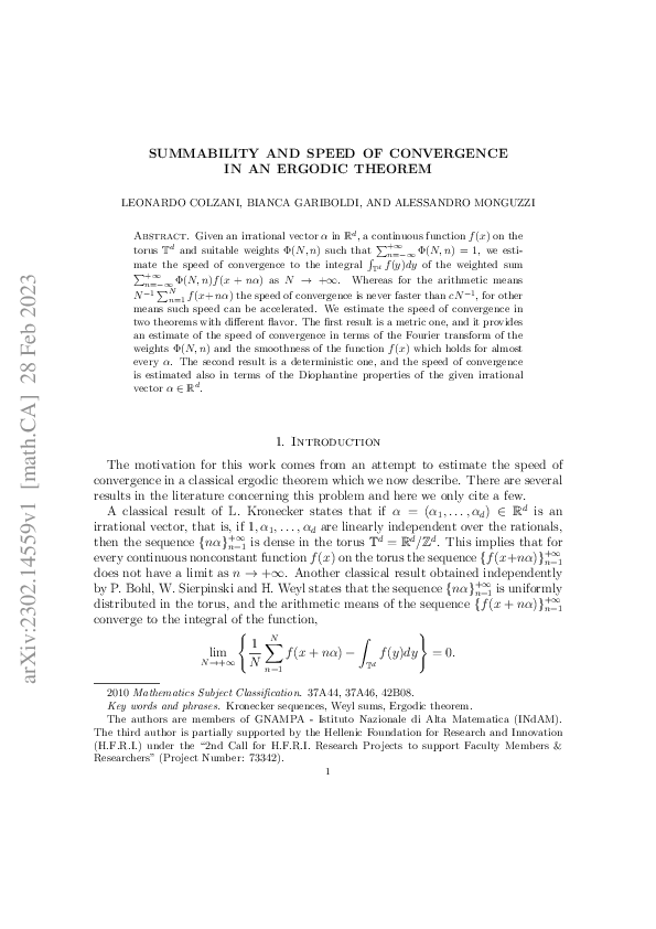 (PDF) Summability and speed of convergence in an ergodic theorem
