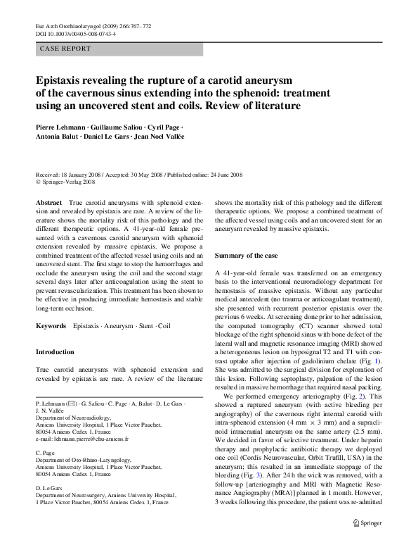 (PDF) Epistaxis revealing the rupture of a carotid aneurysm of the ...