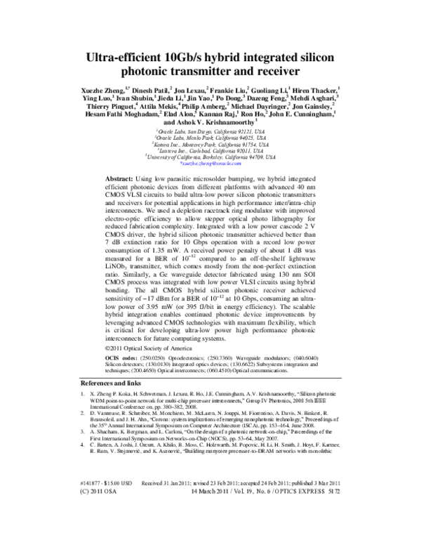 (PDF) Ultra-efficient 10Gb/s hybrid integrated silicon photonic transmitter and receiver