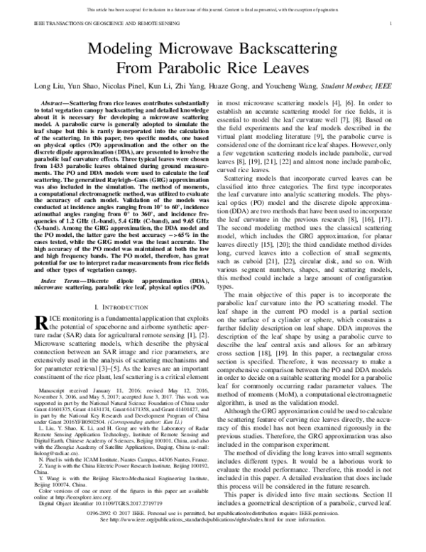 (PDF) Modeling Microwave Backscattering From Parabolic Rice Leaves | Nicolas PINEL - Academia.edu