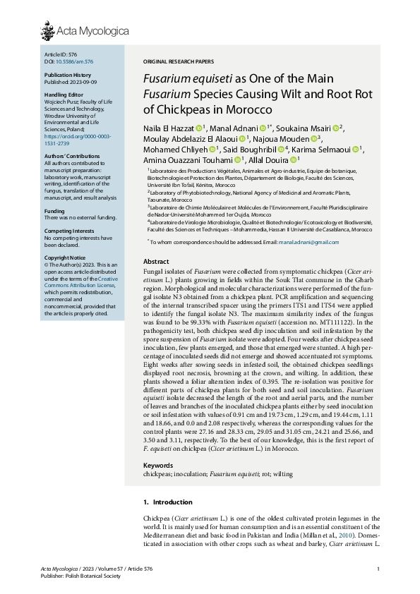 (PDF) Fusarium equiseti as one of the main Fusarium species causing ...