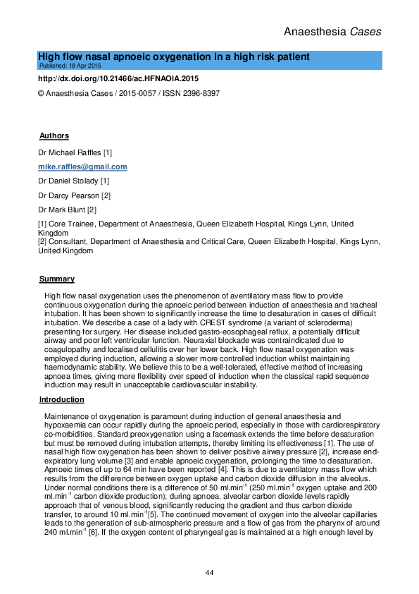 (PDF) High flow nasal apnoeic oxygenation in a high risk patient