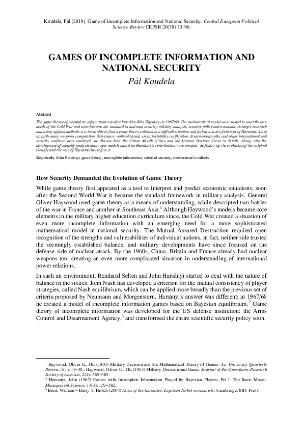 (PDF) GAMES OF INCOMPLETE INFORMATION AND NATIONAL SECURITY