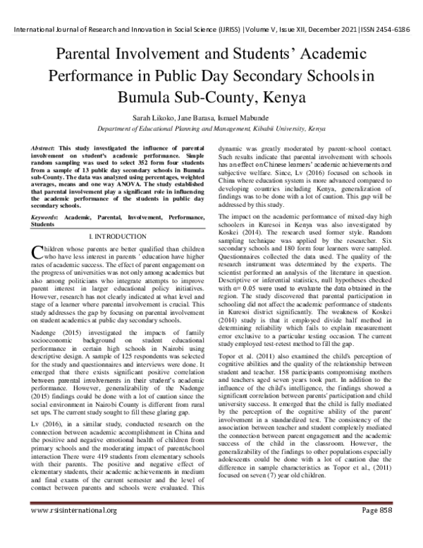 (PDF) Parental Involvement and Students‟ Academic Performance in Public Day Secondary Schools in ...
