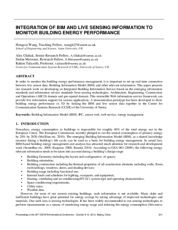 (PDF) Integration of Bim and Live Sensing Information to Monitor Building Energy Performance