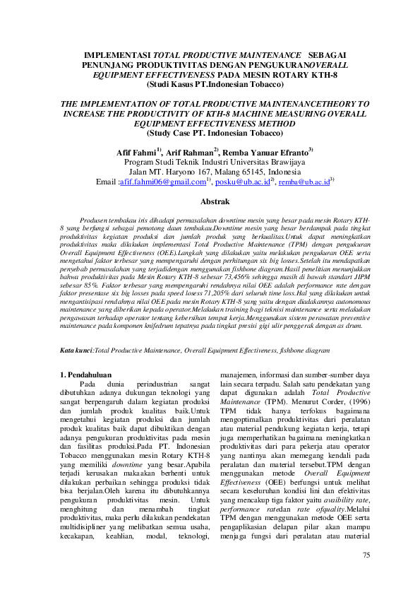 (PDF) IMPLEMENTASI TOTAL PRODUCTIVE MAINTENANCE SEBAGAI PENUNJANG PRODUKTIVITAS DENGAN ...
