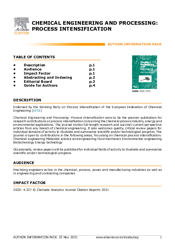 (PDF) Chemical Engineering and Processing: Process Intensification
