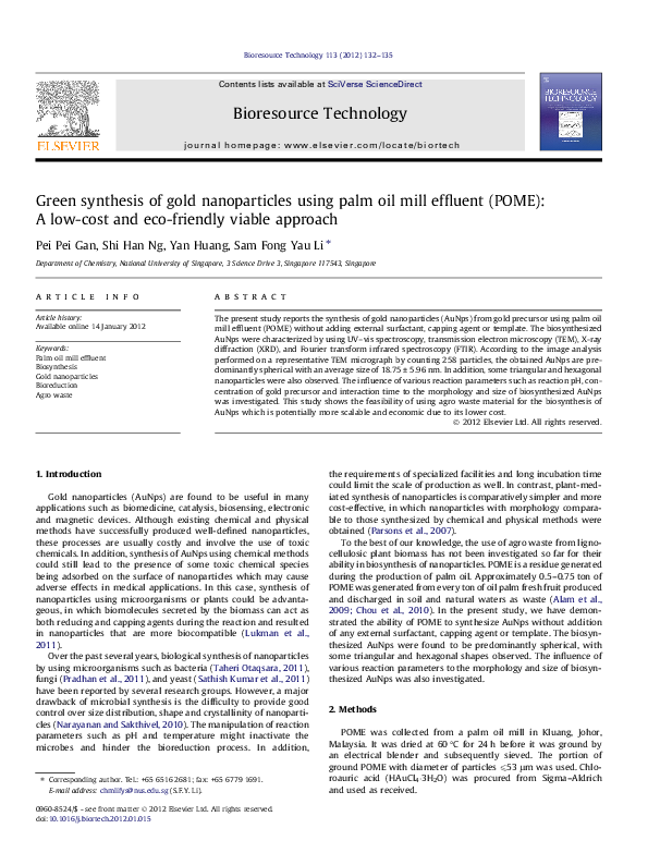 (PDF) Green synthesis of gold nanoparticles using palm oil mill effluent (POME): A low-cost and ...