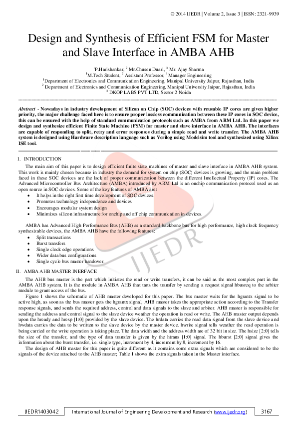 (PDF) Design and Synthesis of Efficient FSM for Master and Slave Interface in AMBA AHB