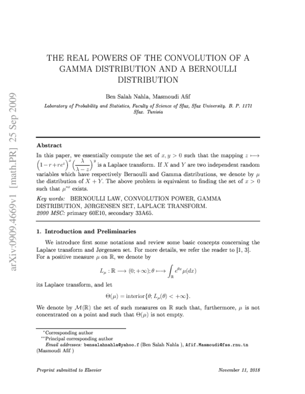 (PDF) The Real Powers of the Convolution of a Gamma Distribution and a Bernoulli Distribution